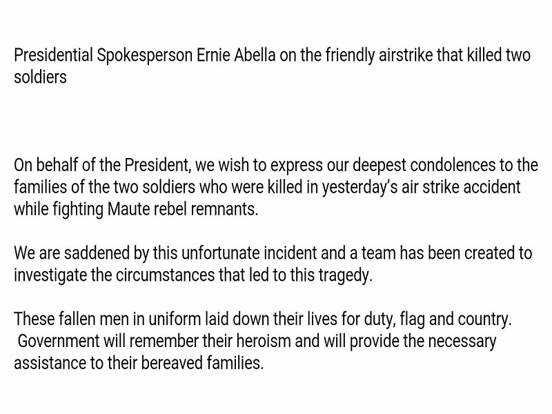 Pangulong Duterte, nakiramay sa pagkasawi ng 2 sundalo sa friendly fire ... Pangulong Duterte, nakiramay sa pagkasawi ng 2 sundalo sa friendly fire ...