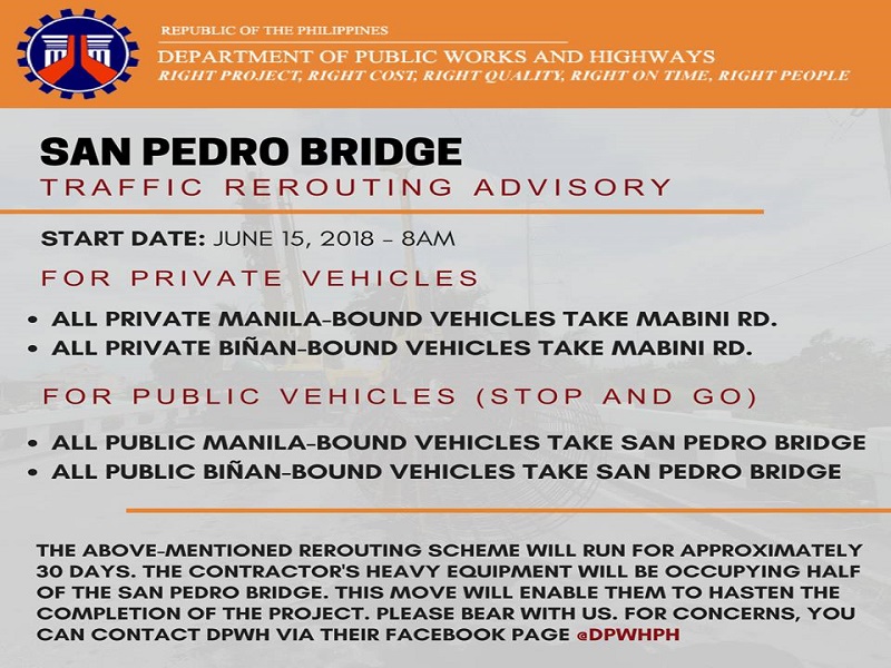DPWH may abiso sa mga motorista pa sa pagsailalim sa repair ng San Pedro Bridge sa Laguna | DZIQ ...