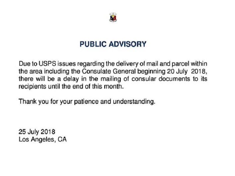 Mga Pinoy sa LA inabisuhan sa delay na delivery ng consular documents ... Mga Pinoy sa LA inabisuhan sa delay na delivery ng consular documents ...