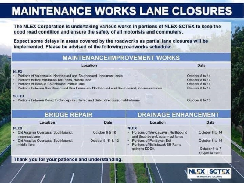 Road closure ipatutupad sa ilang bahagi ng NLEX-SCTEX mula ngayong araw ... Road closure ipatutupad sa ilang bahagi ng NLEX-SCTEX mula ngayong araw ...