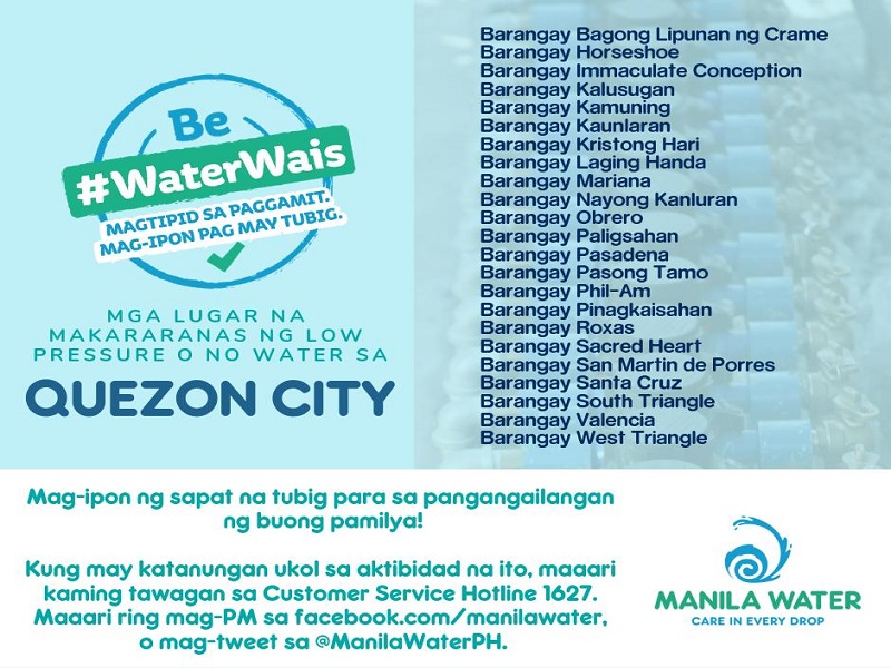 Mga lugar na sakop ng water supply contingency plan ng Manila Water ...