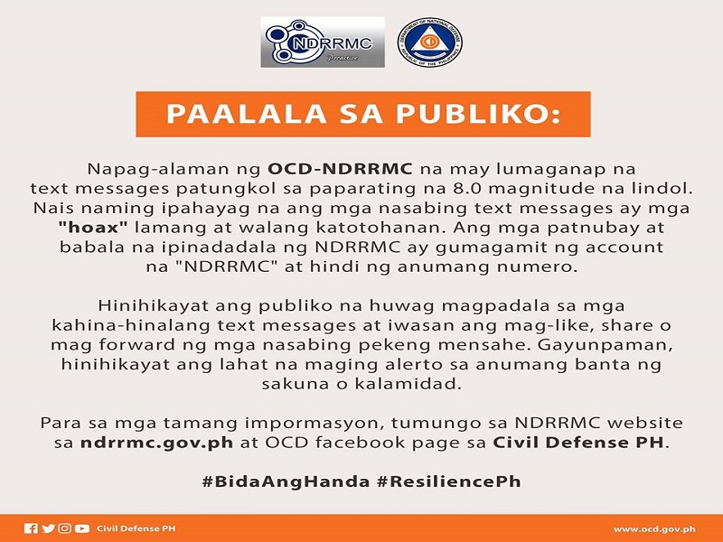NDRRMC: Text message ukol sa magnitude 8 na lindol, ‘hoax’ | DZIQ Radyo ...