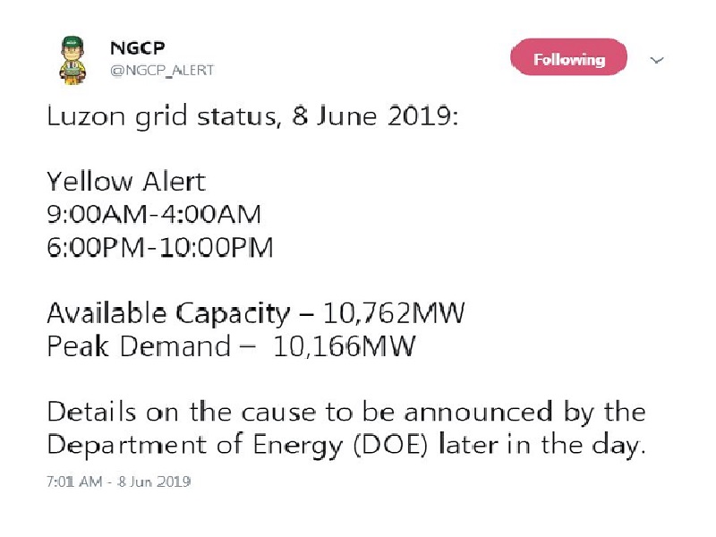 Luzon Grid, isinailalim sa yellow alert ngayong June 8 | DZIQ Radyo ...