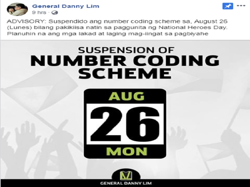Number coding suspendido sa Lunes, August 26 | DZIQ Radyo Inquirer 990AM Number coding suspendido sa Lunes, August 26 | DZIQ Radyo Inquirer 990AM