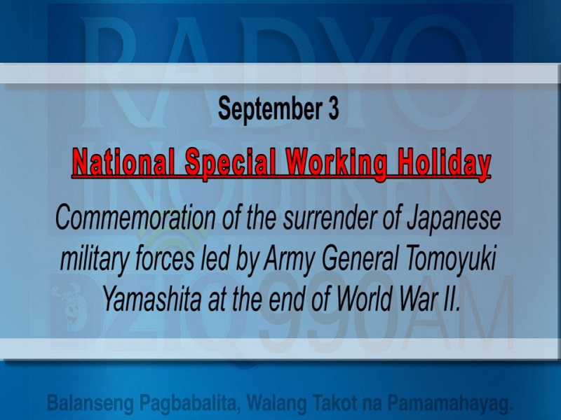 September 3 idineklara bilang national special working holiday | DZIQ ...