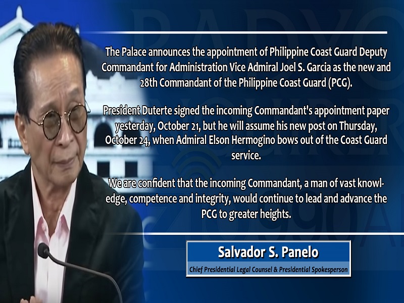 Malakanyang tiwalang magagampanan ng maayos ni PCG commandant Garcia ang bagong tungkulin | DZIQ ...