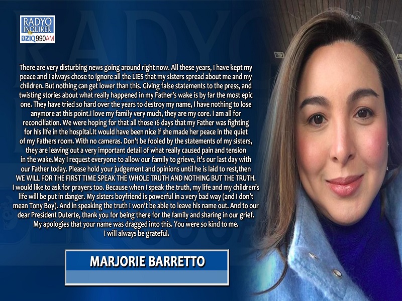 Marjorie Barretto nagsalita na kaugnay sa umano'y naganap na away nilang magkakapatid sa burol ...