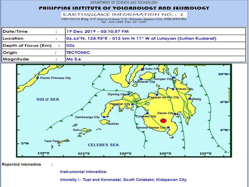 Magnitude 3.6 na lindol naitala sa Lutayan, Sultan Kudarat | DZIQ Radyo ...