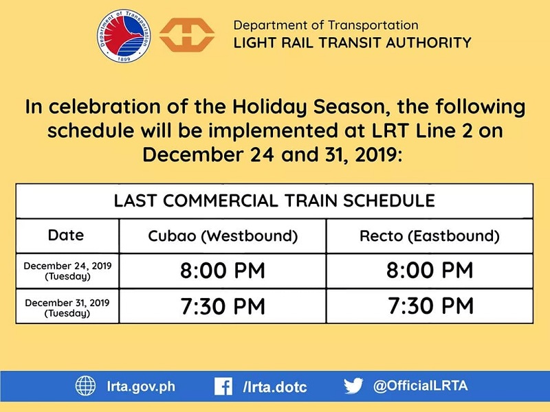 LOOK: Schedule ng biyahe ng LRT-2 ngayong Dec. 24 at sa Dec. 31 | DZIQ Radyo Inquirer 990AM