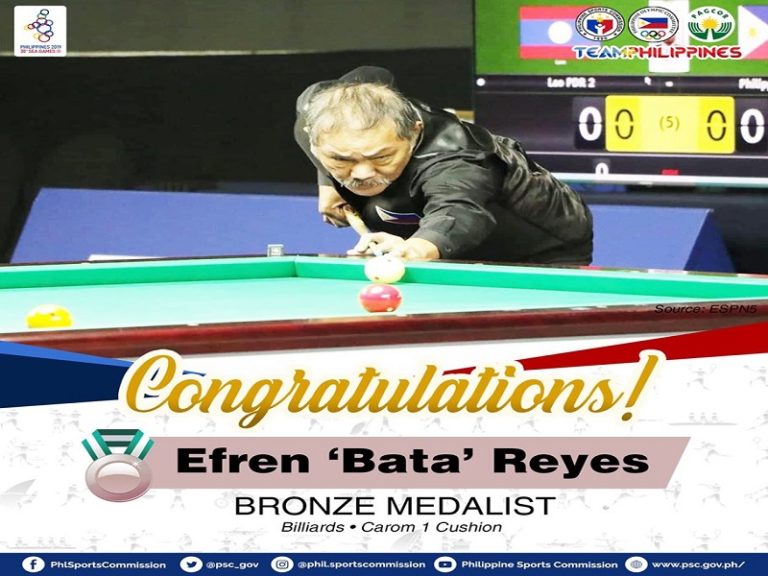 Efren 'Bata' Reyes wagi ng bronze medal sa One-Cushion Carom sa SEA ...