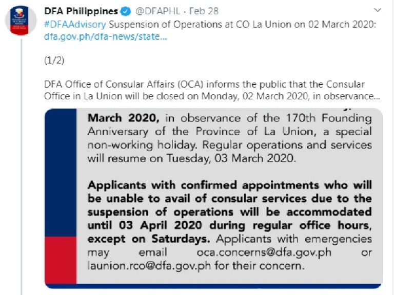 DFA consular office sa La Union, sarado sa Lunes (March 2) | DZIQ Radyo ...