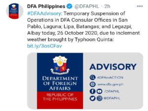 Consular office ng DFA sa San Pablo, Lipa at Legazpi, isinara ngayong ...