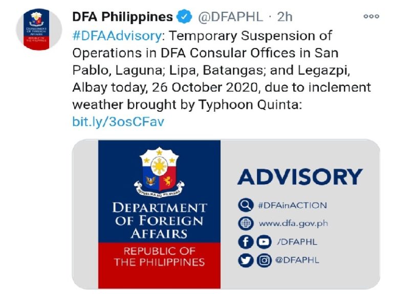Consular office ng DFA sa San Pablo, Lipa at Legazpi, isinara ngayong ...