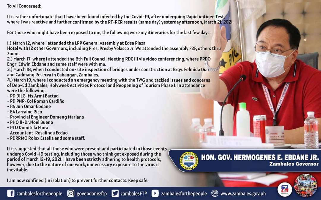 Zambales Governor Ebdane Jr., positibo sa COVID-19 | DZIQ Radyo ...