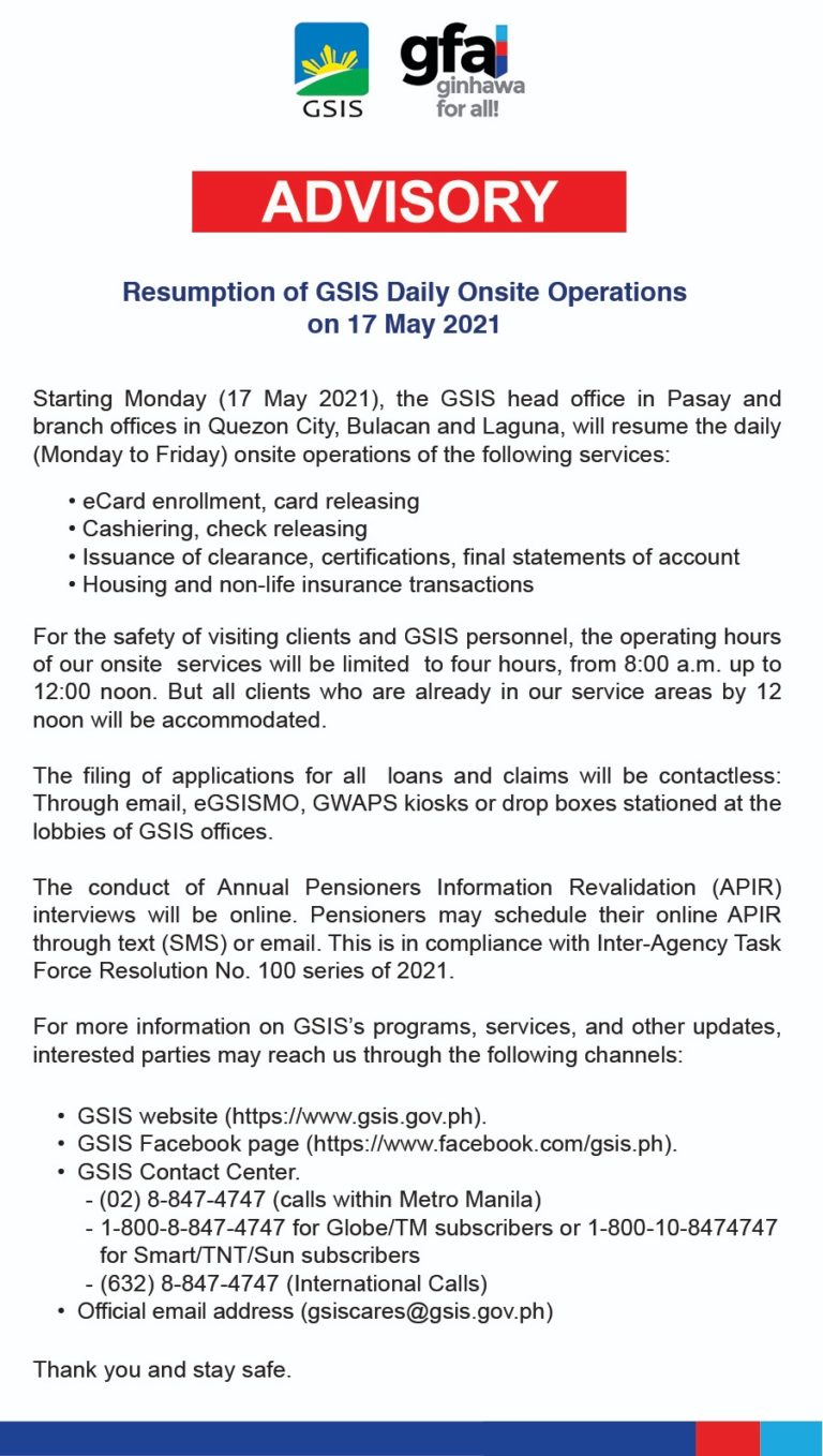 Onsite operations ng GSIS main office, branches magbabalik simula ...